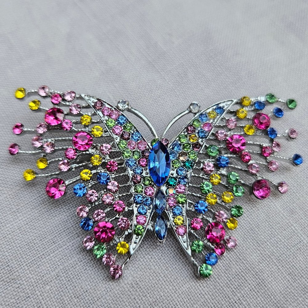 Pink, Blue, Yellow & Green Rhinestone Butterfly Brooc… - Gem